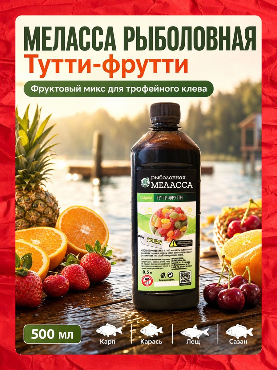 Меласса для рыбалки тутти-фрутти, патока натуральная свекловичная (Ароматизатор для насадок и прикормок, 500 мл)