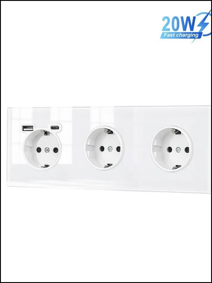 Розетка электрическая 3 поста с Usb и type-c, type-c 20 Вт быстрой зарядки, закаленное стекло, белый