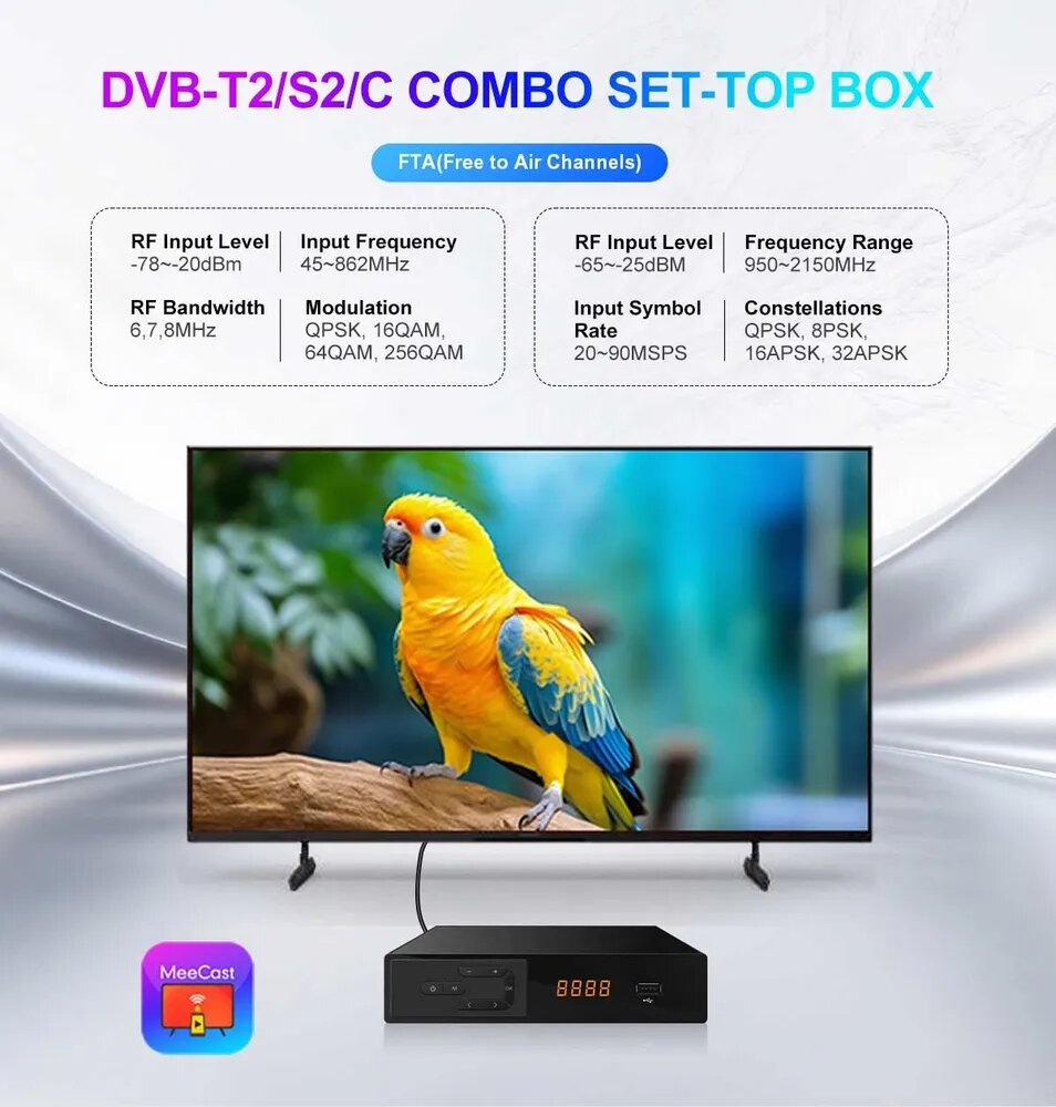 Комбо-ресивер DVB-T2/S2/C, декодер H.265/HEVC, цифровой ТВ-приемник Full HD 1080P система караоке