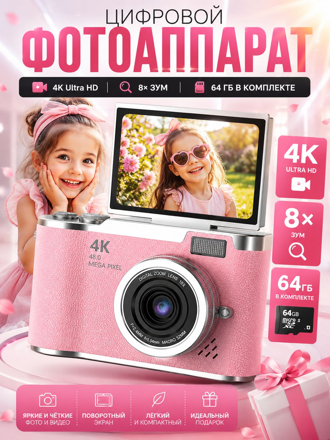 Фотоаппарат Safelook, 48 Мп, 64 Гб, Type-C, поворот экрана 2.4"