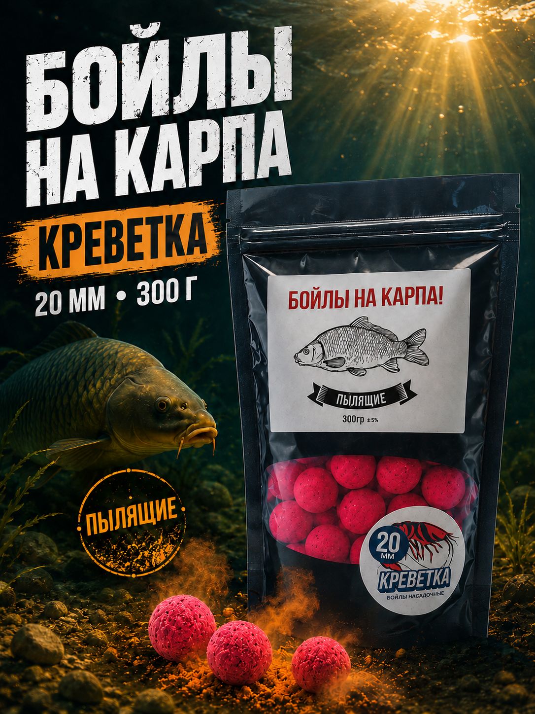 Бойлы пылящие на карпа 20 мм Креветка 300 г, насадочные для волосяной оснастки
