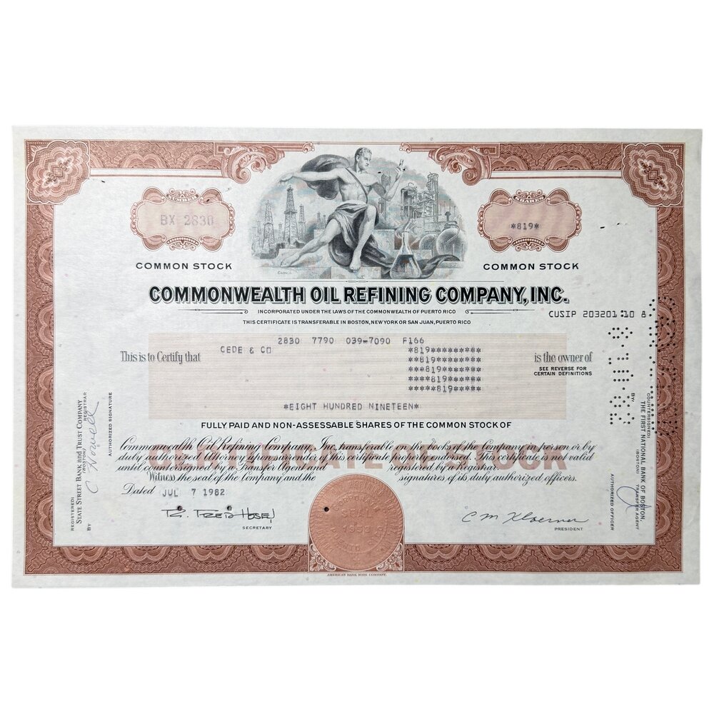США, Commonwealth Oil Refining Company, сертификат на 819 акций 1982 г. (Серия BX)