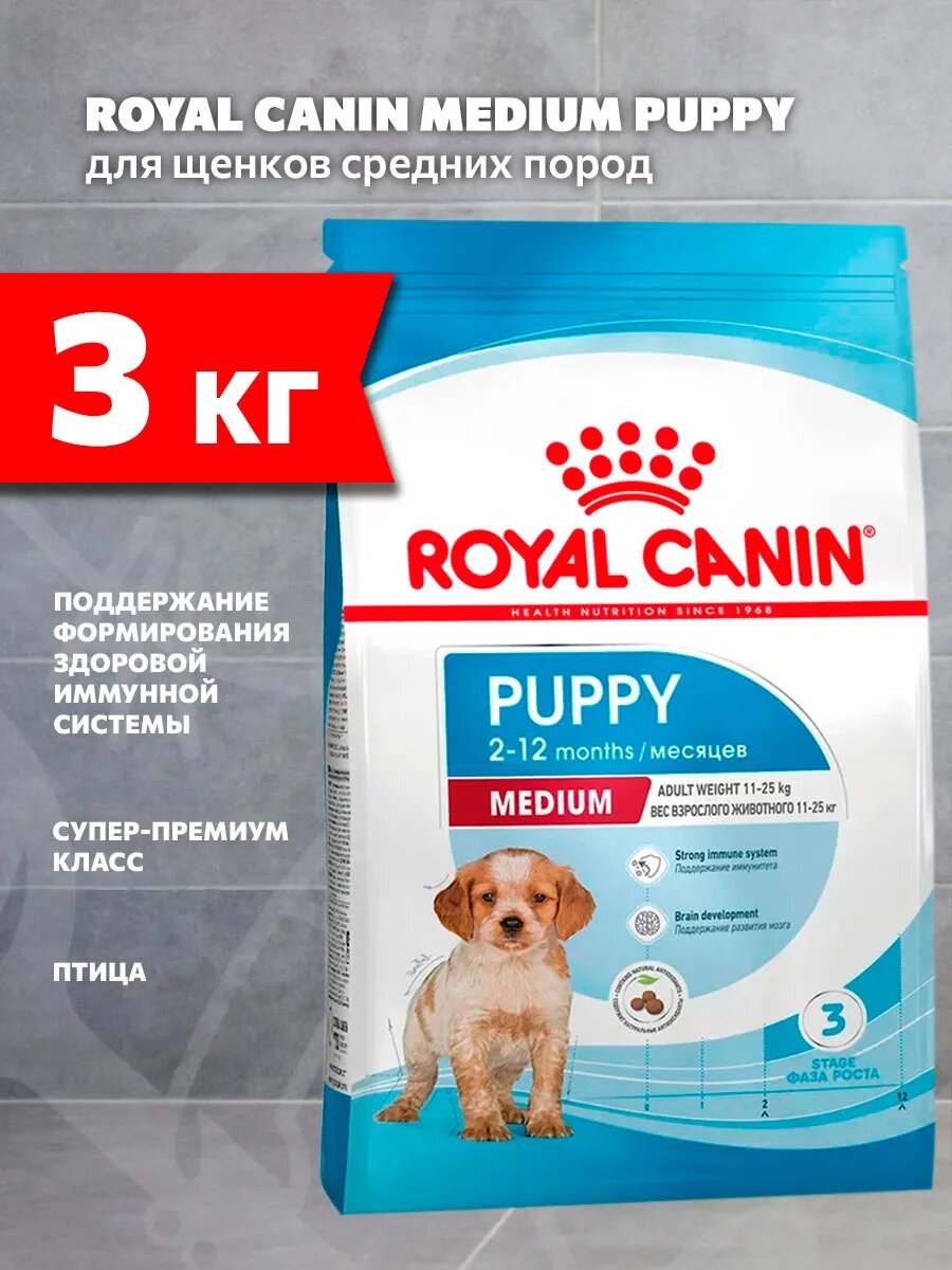 Корм сухой Royal Canin Medium Puppy для щенков средних пород, 3 кг