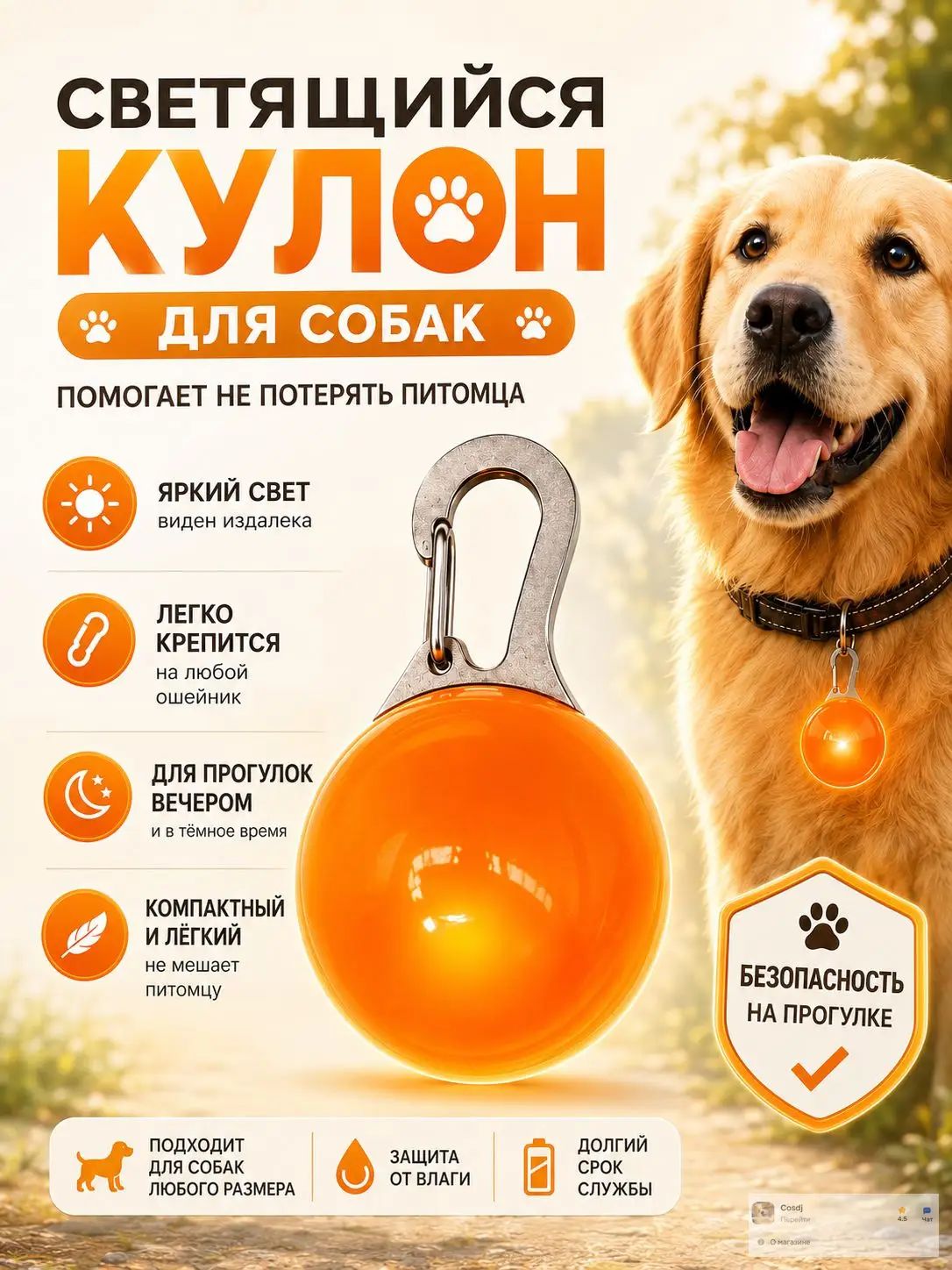 Светящийся маячок для собак и кошек на ошейник, оранжевый