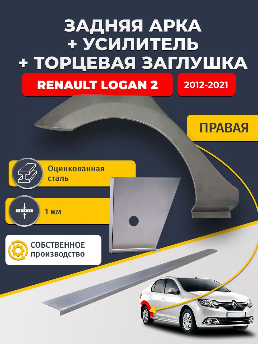 Правая ремонтная задняя арка (0,8 мм) + торцевая заглушка (1 мм) + усилитель (1 мм) на Renault Logan 2012-2021 седан (Рено Логан 2). Оцинкованная сталь 1 мм