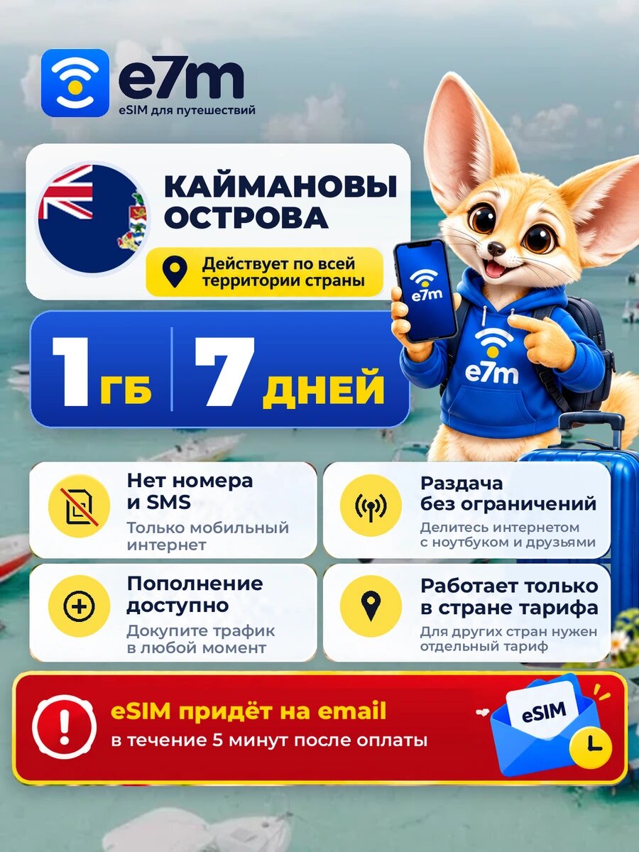 ESIM Каймановы острова — мобильный интернет 1 ГБ на 7 дней | виртуальная SIM-карта для путешествий