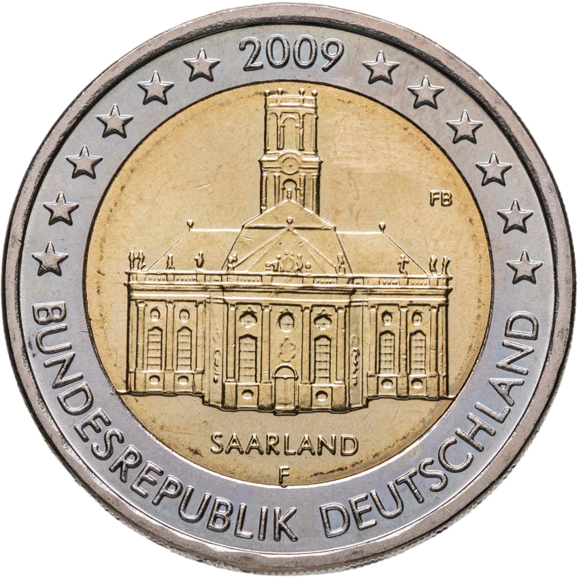 Германия 2 евро euro 2009 F "Федеральные земли Германии - Церковь Людвига в Саарбрюккен, Саар", Биметалл, в сохранности UNC