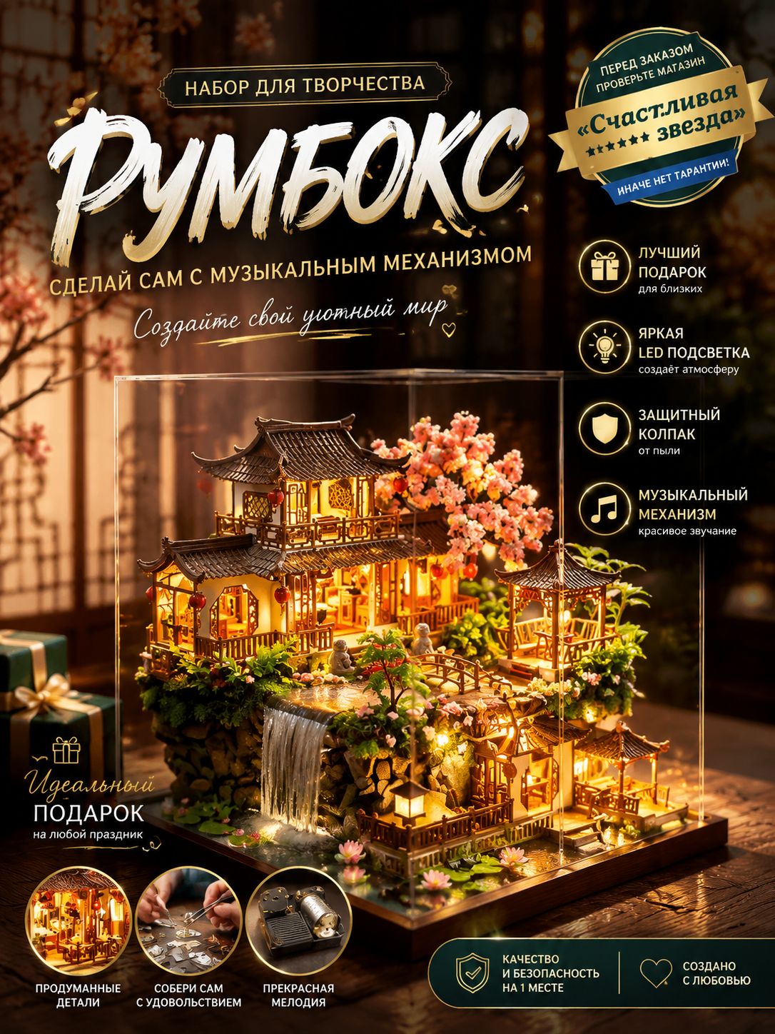 Румбокс DIY "Миниатюрный дом" с музыкальным механизмом Подарочный набор для сборки китайской виллы с защитным колпаком