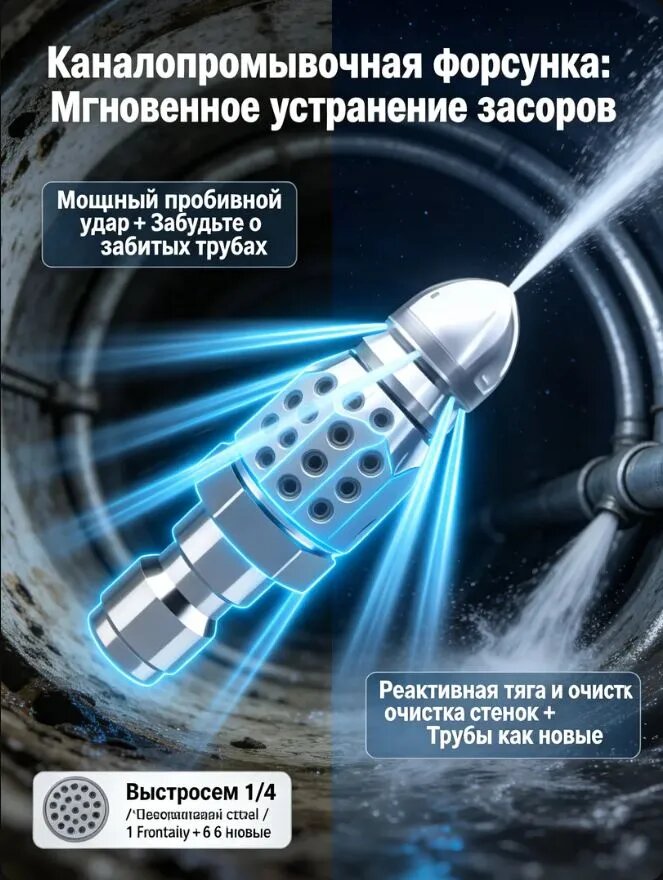 Каналопромывочная форсунка для мойки высокого давления, насадка для прочистки труб-быстросъем 1/4, устранение засоров канализации/кухни.
