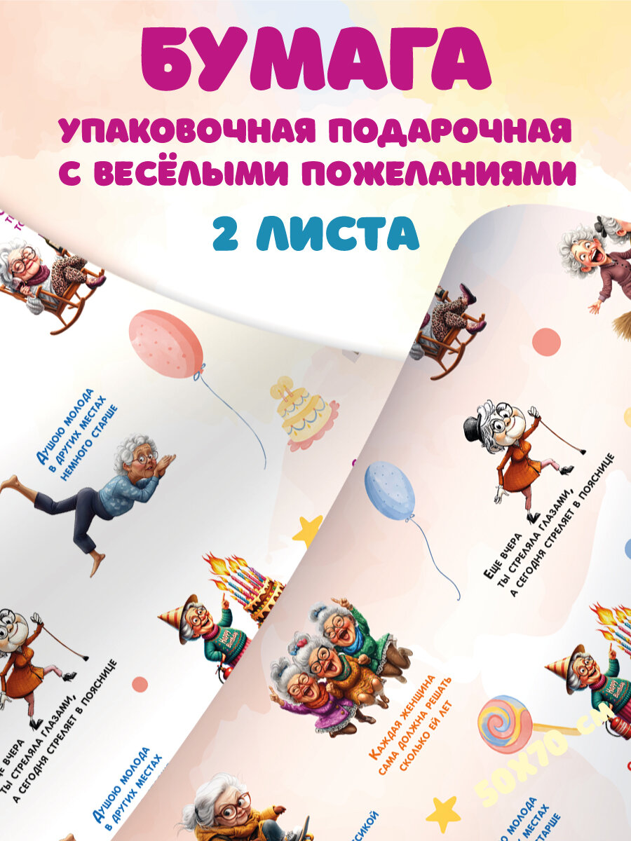 Упаковочная бумага женская с поздравлениями 50*70 см, 2 листа/ бумага глянцевая в картонном тубусе