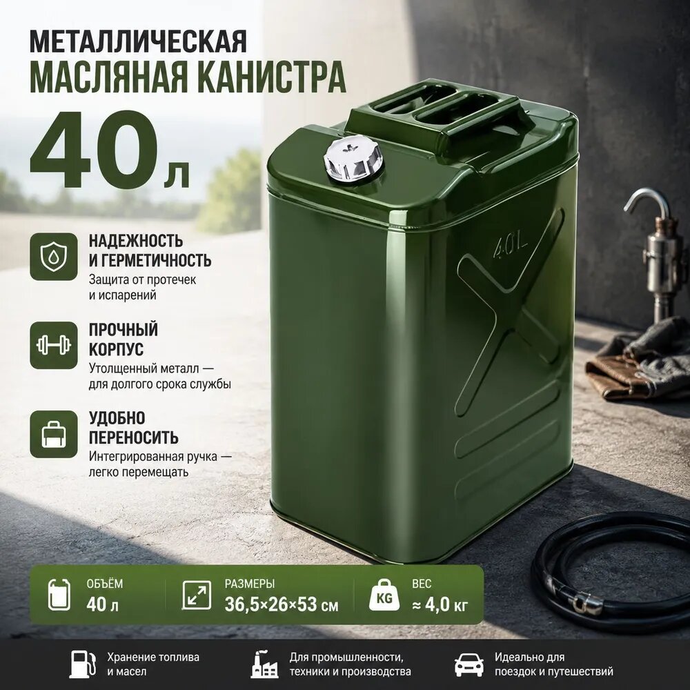 Металлическая масляная канистра для ГСМ, 40 л, Зеленый, 36.5х26х53 см