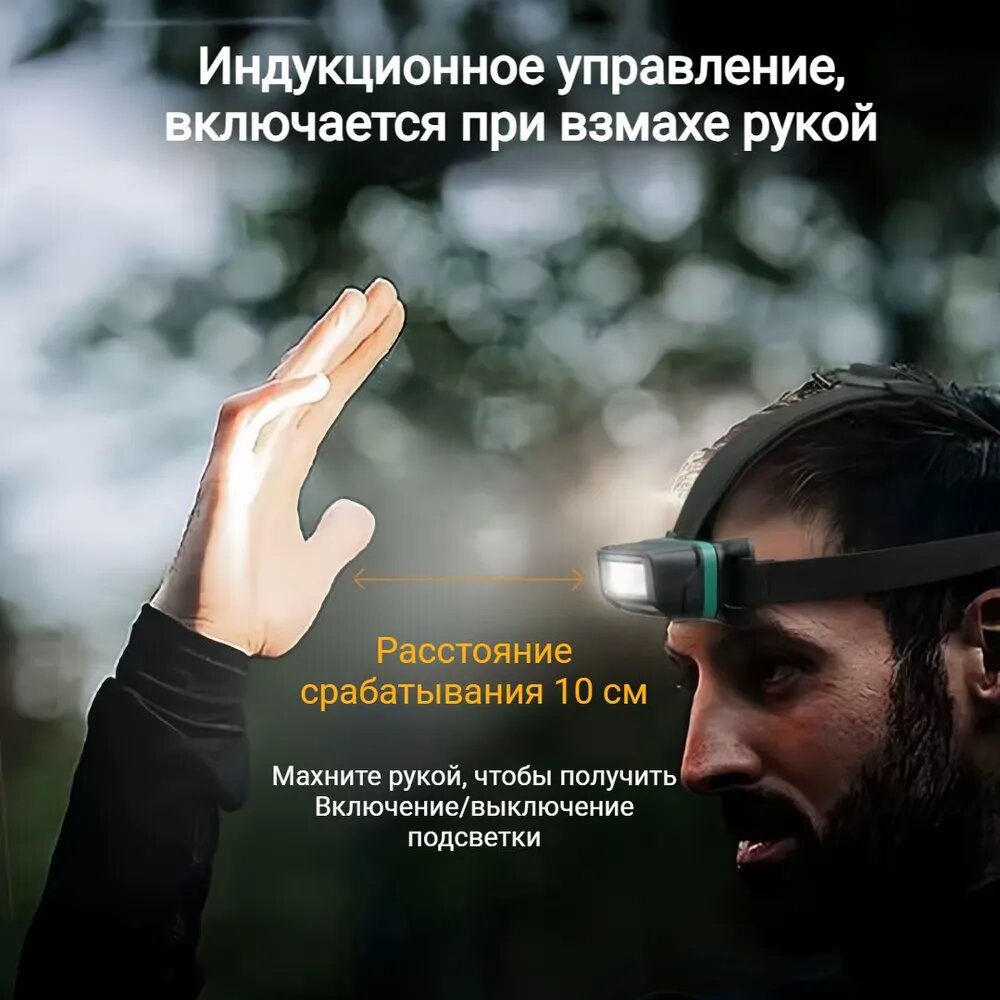 SNUFF Налобный фонарь T-78, черный/зеленый, 600 лм, 1200 мАч, с датчиком движения, время работы 6.6 ч — фото 1