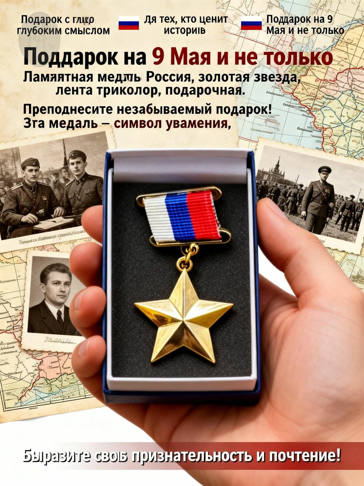 Медаль Золотая Звезда России сувенирная, на ленте триколор, памятный подарок для коллекции патриотический сувенир государственная символика коллекционный экземпляр