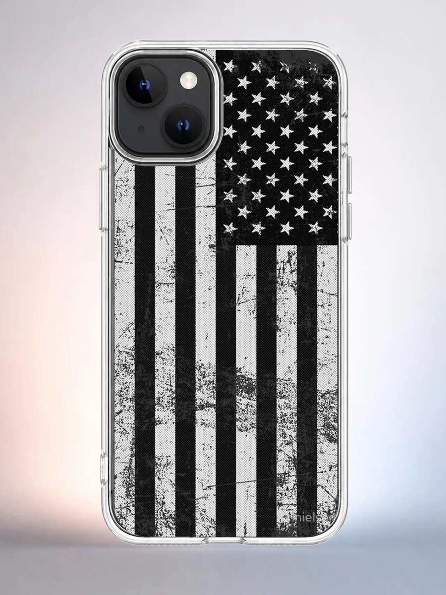 Чехол iPhone 14 флаг США гранж силиконовый прозрачный