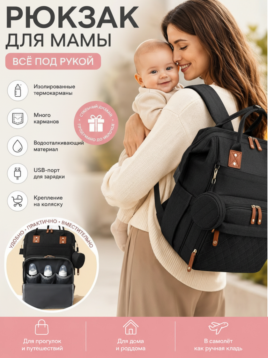 Сумка-Рюкзак для мамы с термокарманом New Life Mommy Bag (чёрный)