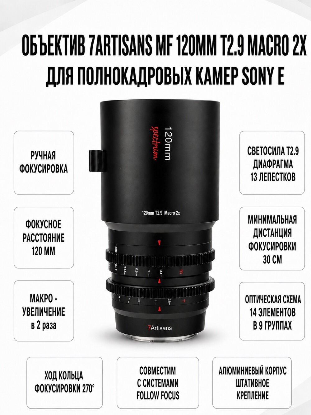 Объектив 7artisans 120mm T2.9 Macro 2x Sony (E Mount)