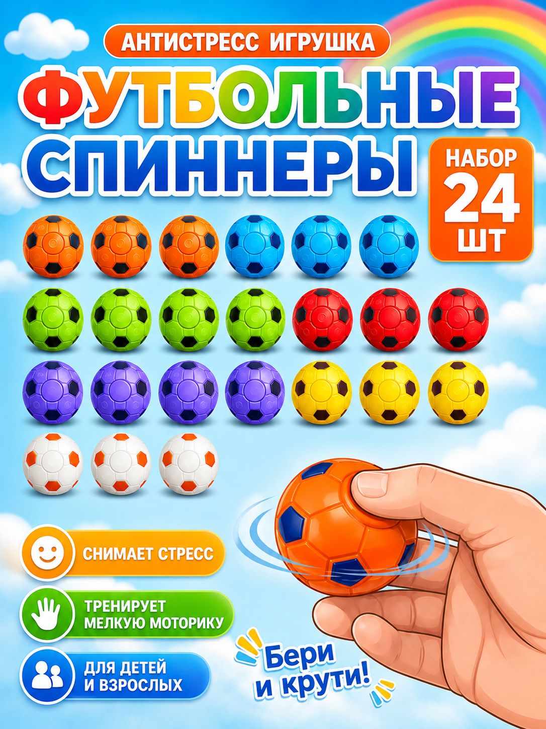 Набор мини-спиннеров 24 шт, футбольные мячи, игрушки-антистресс для детей