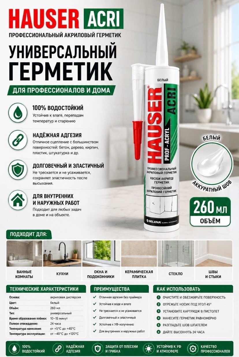 Герметик акриловый профессиональный HAUSER 260 мл.