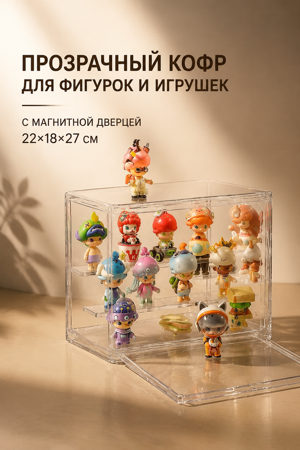 Прозрачный кофр с магнитной дверцей для фигурок и игрушек, 22×18×27 см