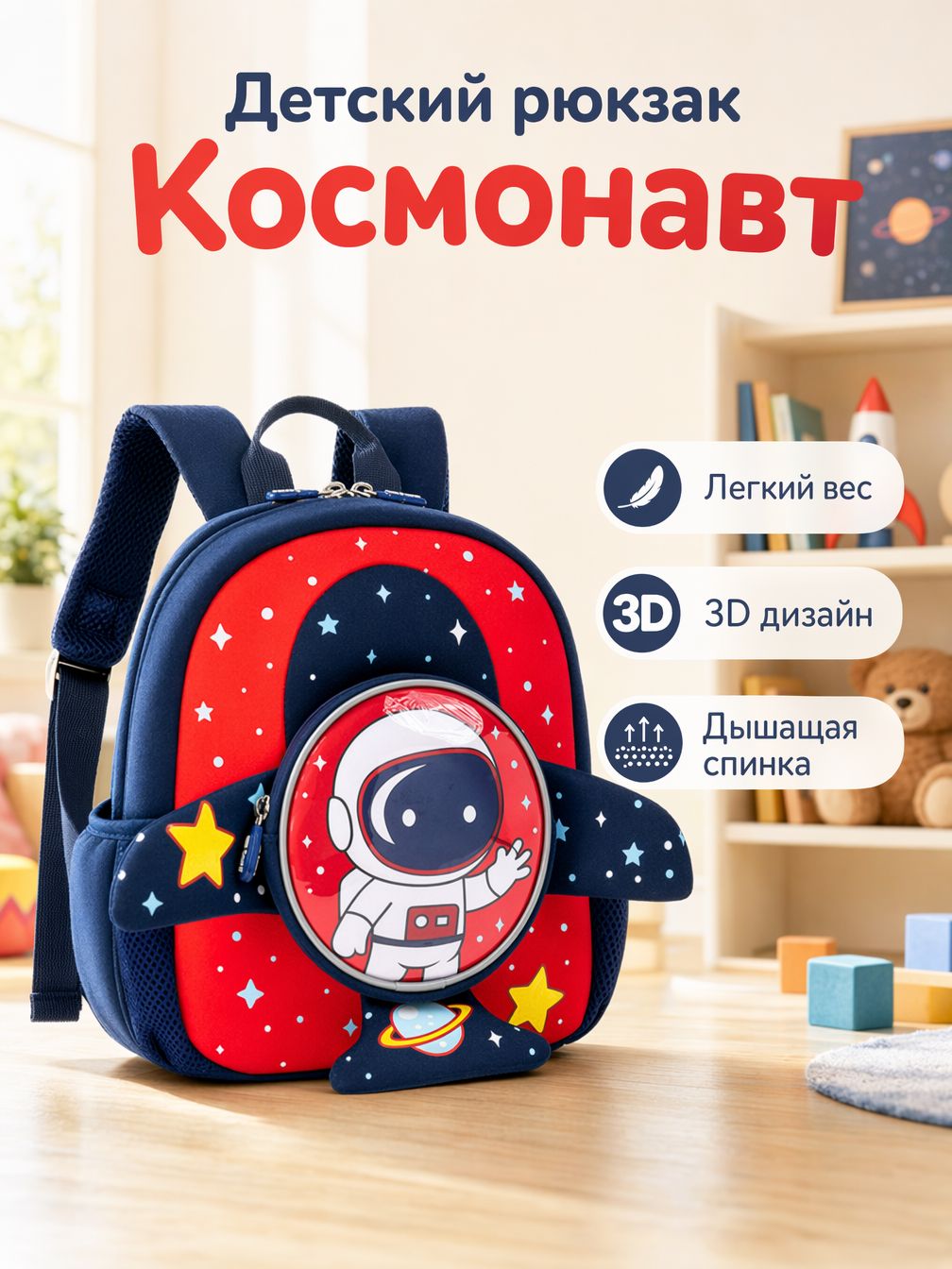 Рюкзак детский космический лёгкий с принтом космонавта для школы и прогулок