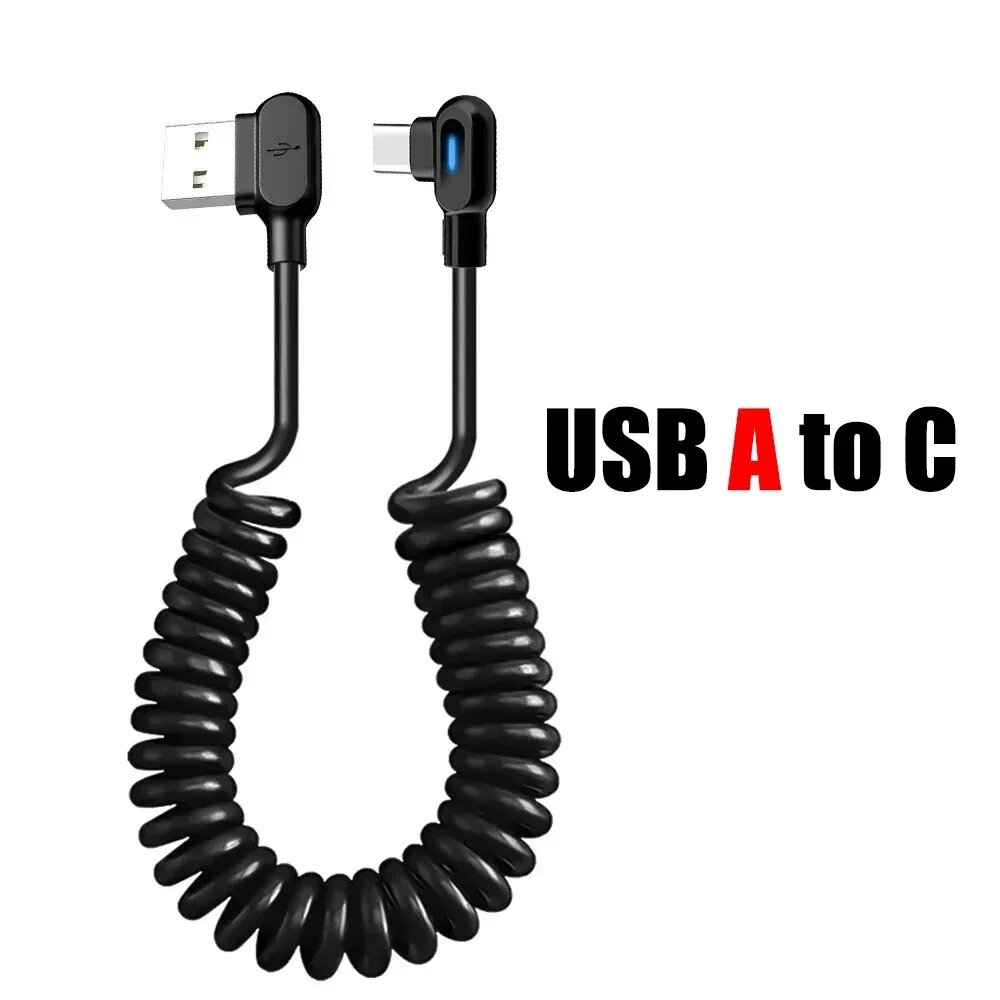 6A USB Type C пружинный кабель для передачи данных 90 ° Угловой автомобильный 1 м, USB A to C