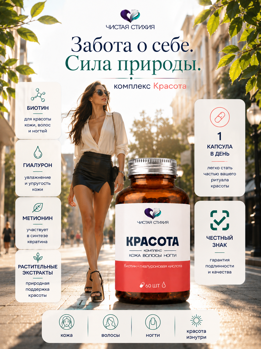 Комплекс для кожи, волос и ногтей «Красота» — гиалуроновая кислота 150 мг, биотин, кремний и L-метионин, 60 капсул