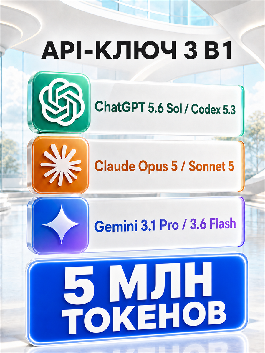 ChatGPT 5.5 + Claude Opus 5 + Gemini 3.1 PRO API-ключ 5 МЛН токенов | Официальный API ключ на все модели 5 млн токенов