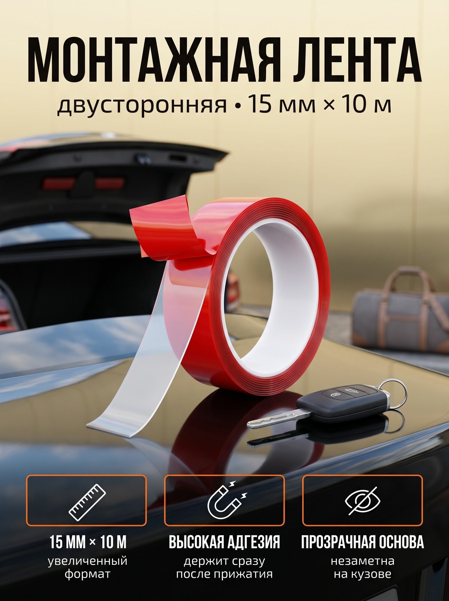 Клейкая лента прозрачная, двусторонняя, акриловая, 15 мм x 10 м