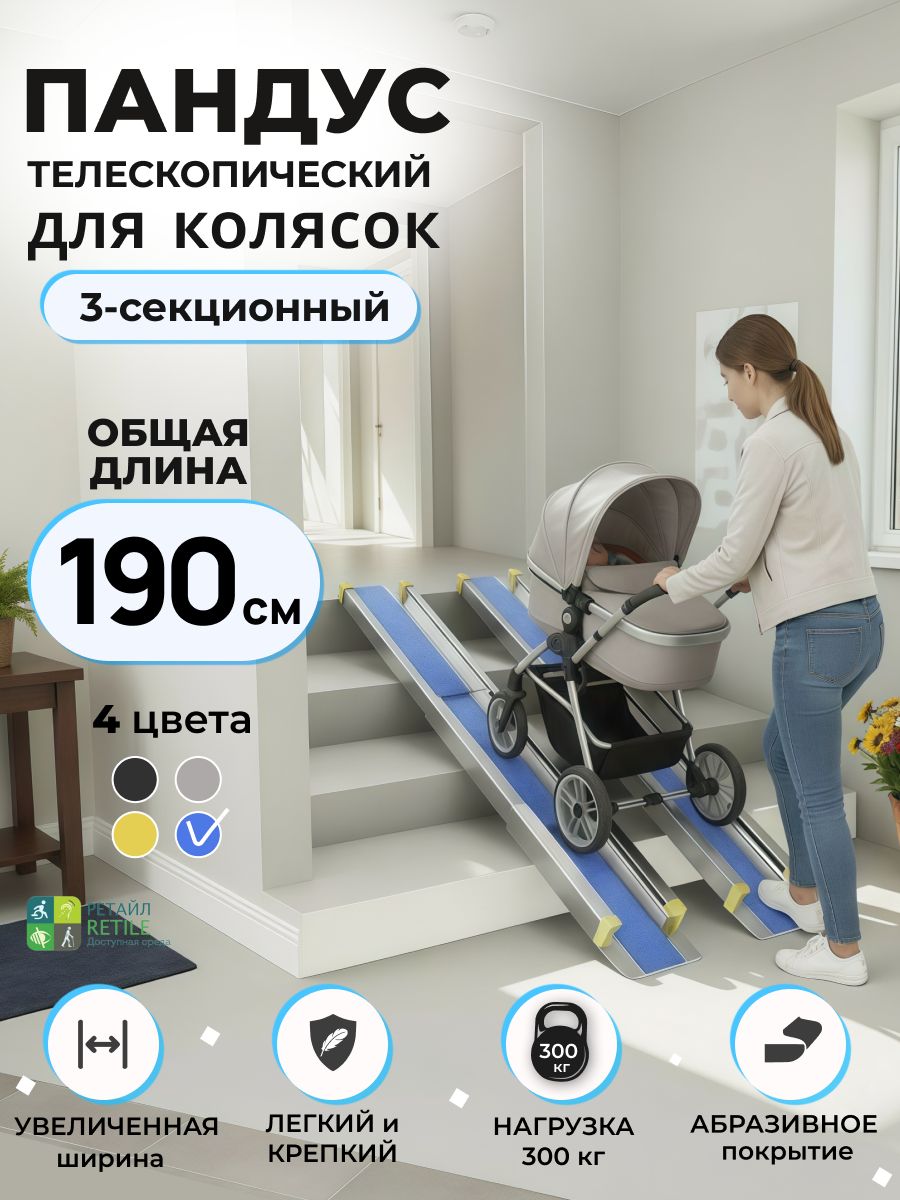 Пандус 190 см телескопический 3-секционный для колясок, синий