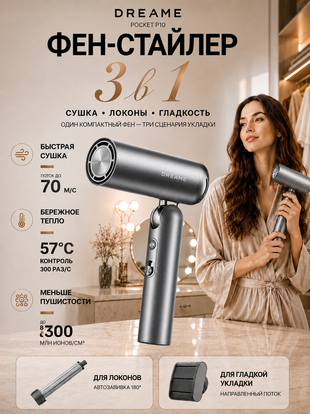 Dreame P10 Pocket фен для волос складной с ионизацией 1300W 70 м/с компактный дорожный фен с магнитными насадками