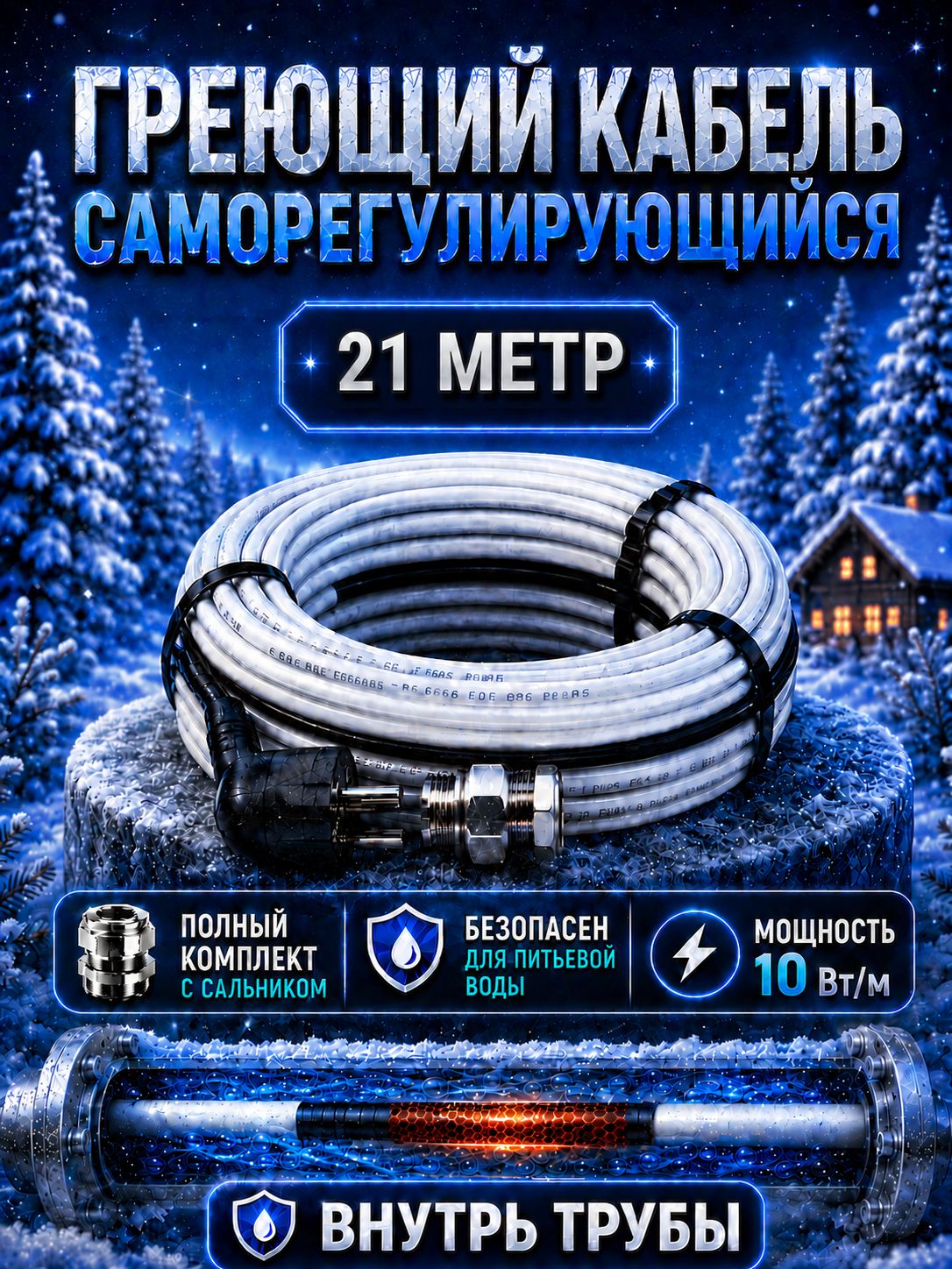 Греющий кабель в трубу водопровода саморегулирующийся 21м - 10 Вт/м комплект