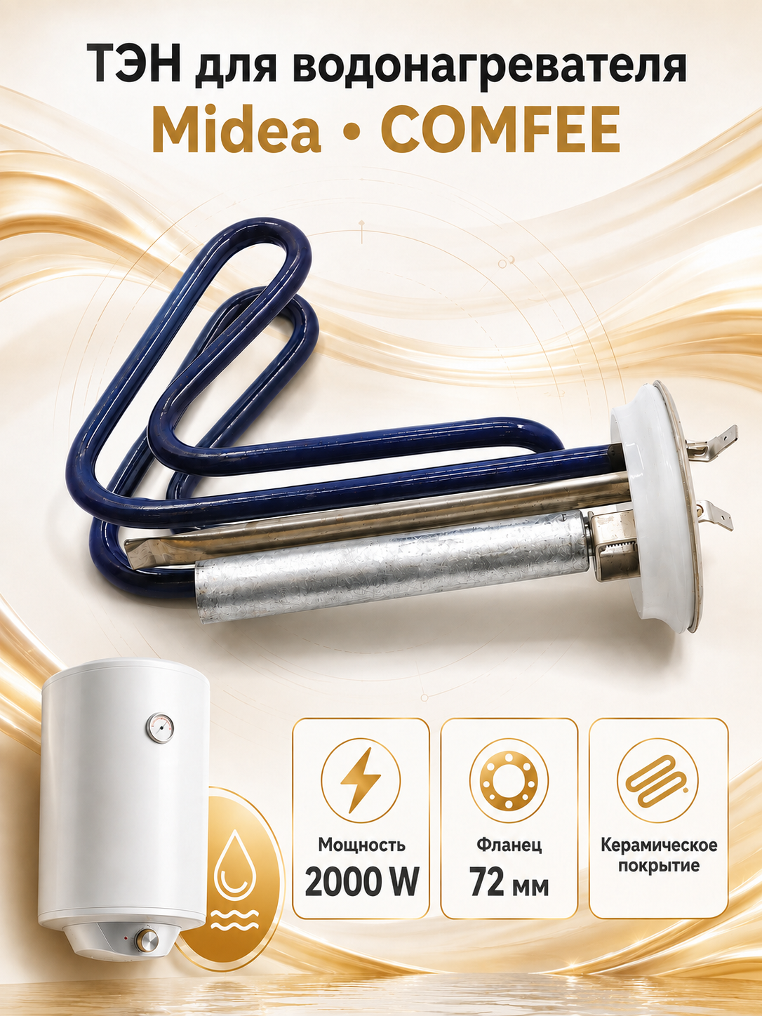 ТЭН для водонагревателя Midea 2000 Вт с анодом и прокладкой 17451000008900