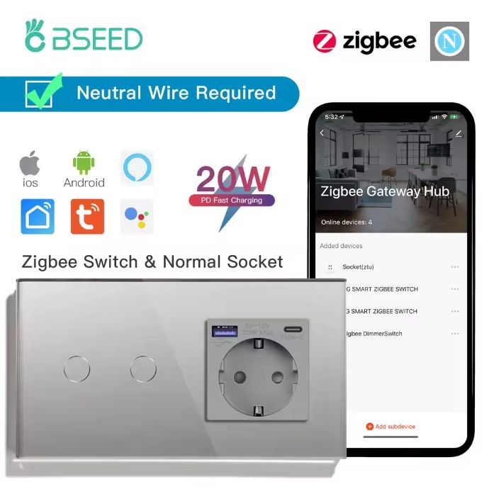 Сенсорный выключатель Zigbee с розеткой с USB и type-C,1/2/3 клавиши 1 розетка, быстрая зарядка 20W, панель стекло