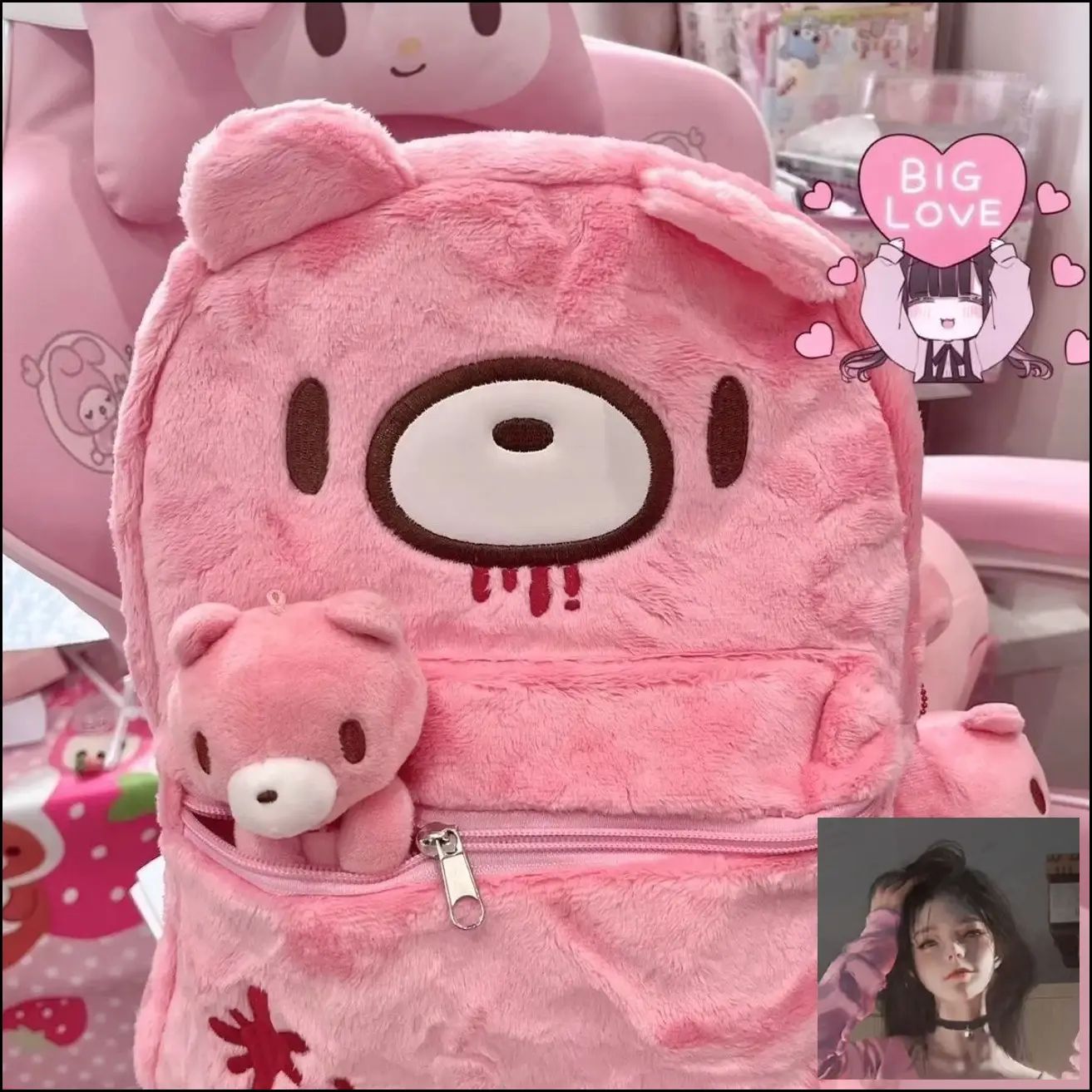 Рюкзак Gloomy Bear розовый плюшевый с медведем, маленький ранец для взрослых