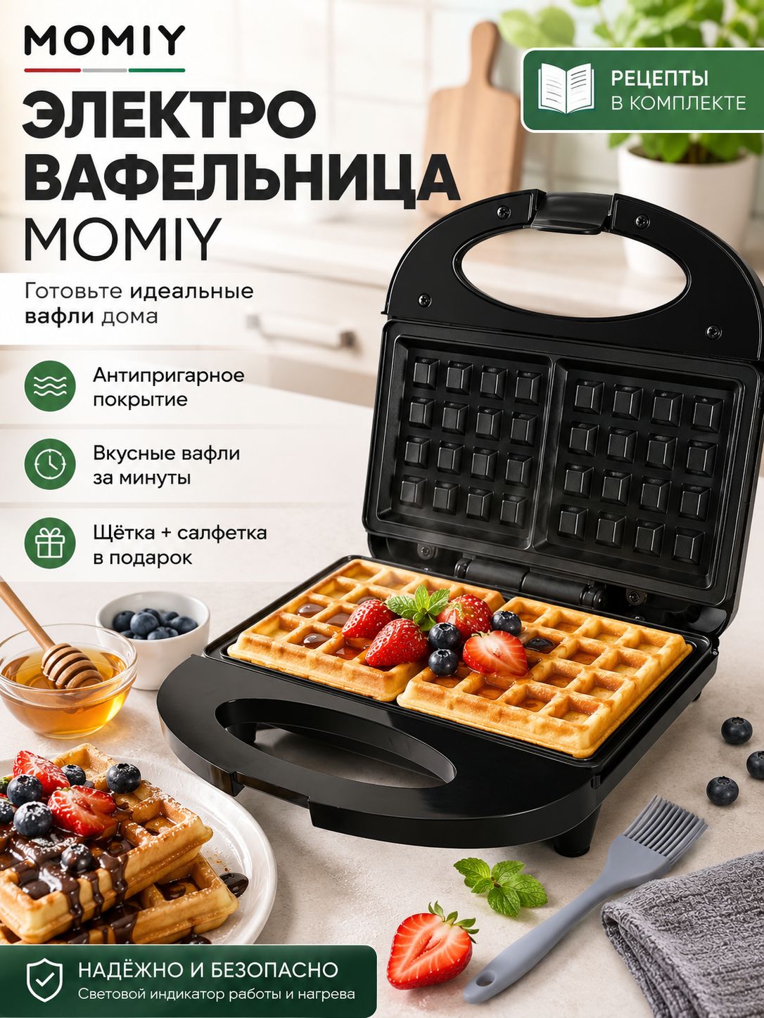 Вафельница электрическая, для венских вафель, 1500Вт, чёрный