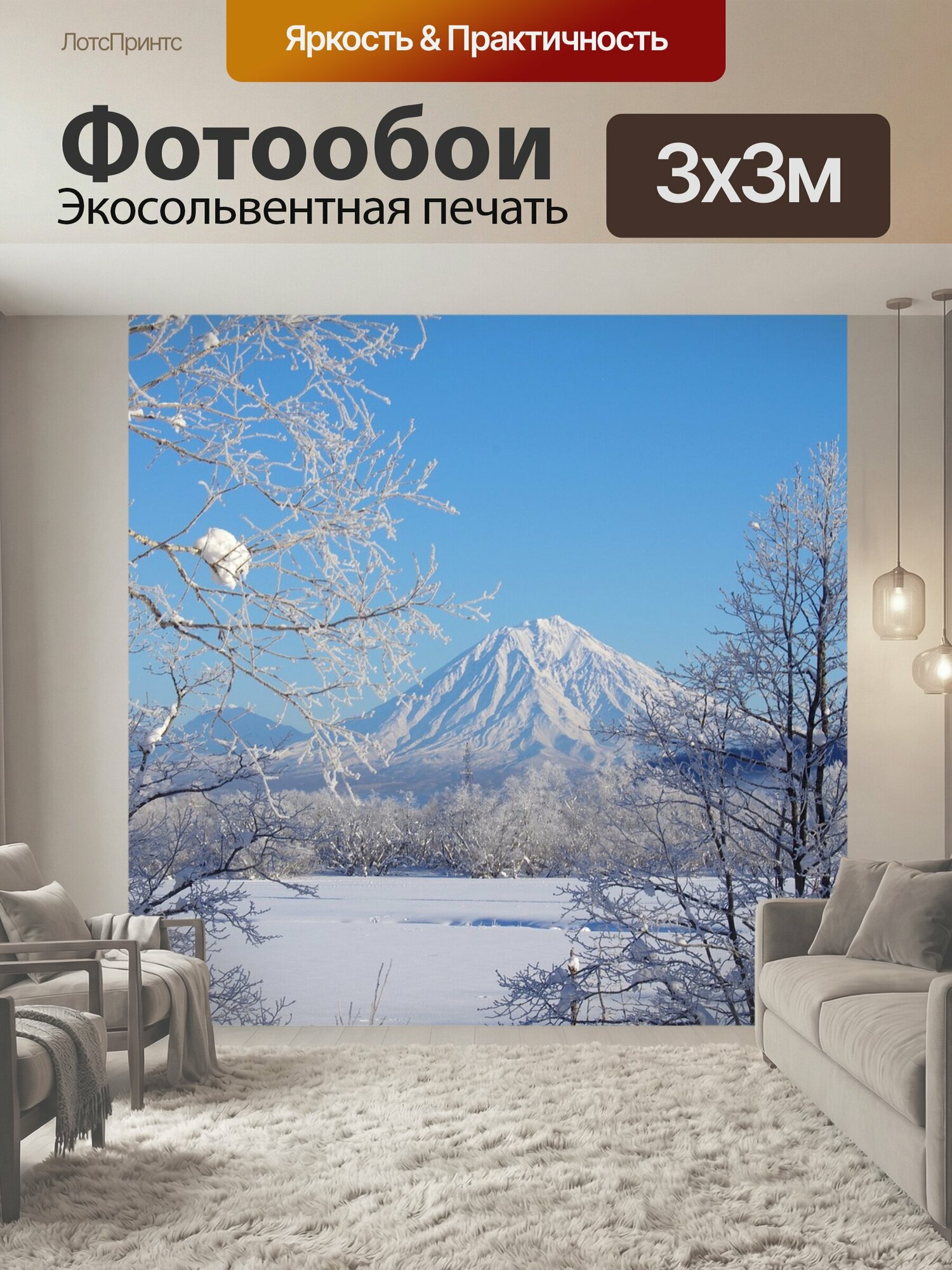 Фотообои "Вулкан корякский, камчатка, зима" 300x300 см. экосольвентная печать
