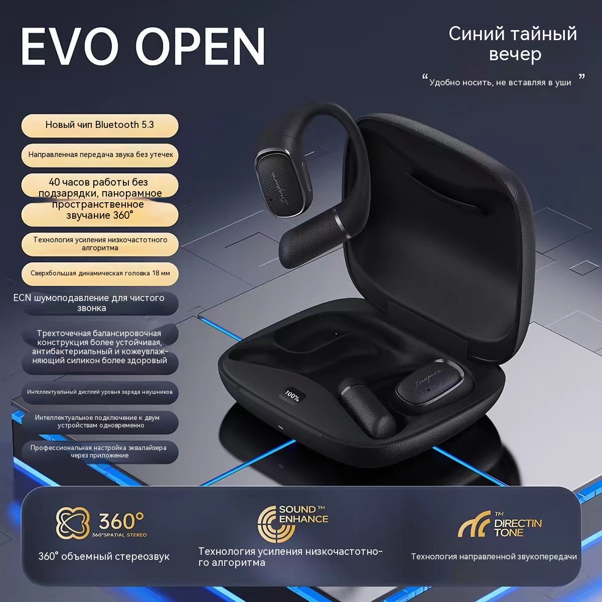 Беспроводные наушники‑крючки Edifier Evo Open, ночной синий, Bluetooth 5.3, открытое ухо