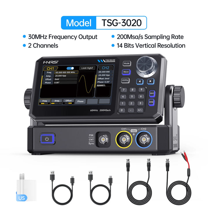 FNIRSI Двухканальный генератор сигналов FNIRSI TSG3020 / US Charger, 30 МГц, 200 MSa/s, 14 бит, DDS, генератор произвольных сигналов