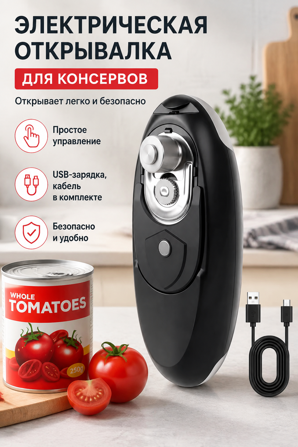 Электрическая открывалка для консервов, 19 см, с USB-зарядкой