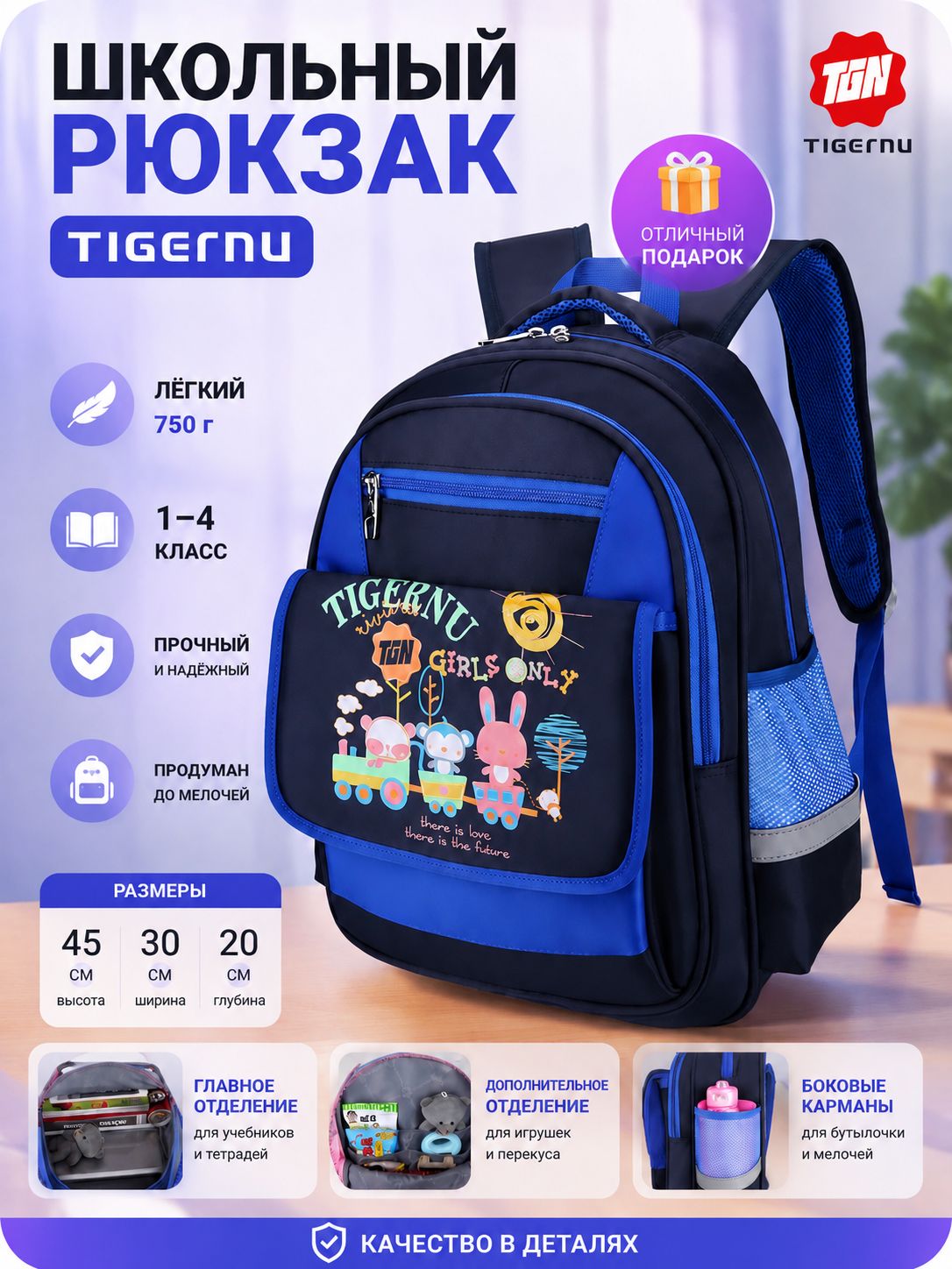 Школьный рюкзак для мальчика 1-4 класс Tigernu T-B3225 Синий