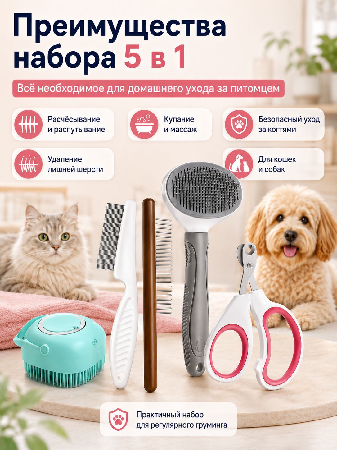 Набор для груминга собак и кошек 5 в 1 щётки, расчёски и когтерез для ухода за шерстью