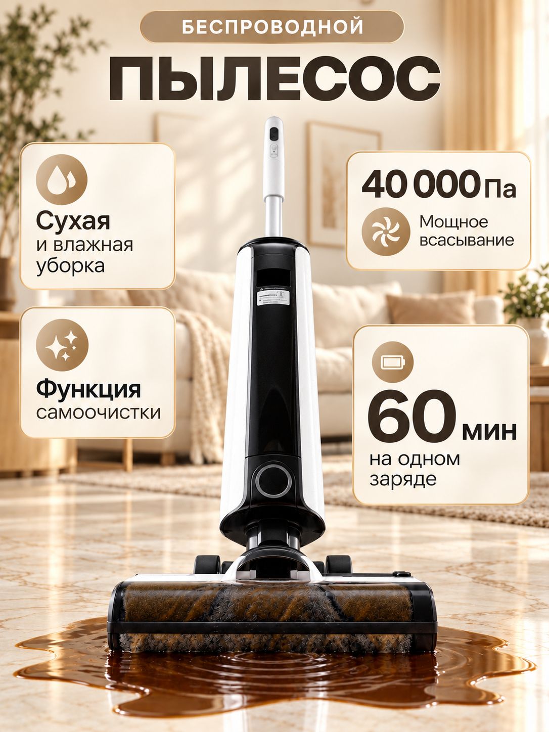Беспроводной вертикальный моющий пылесос с ЖК-дисплеем, с базой самоочистки и голосовым сопровождением на русском языке