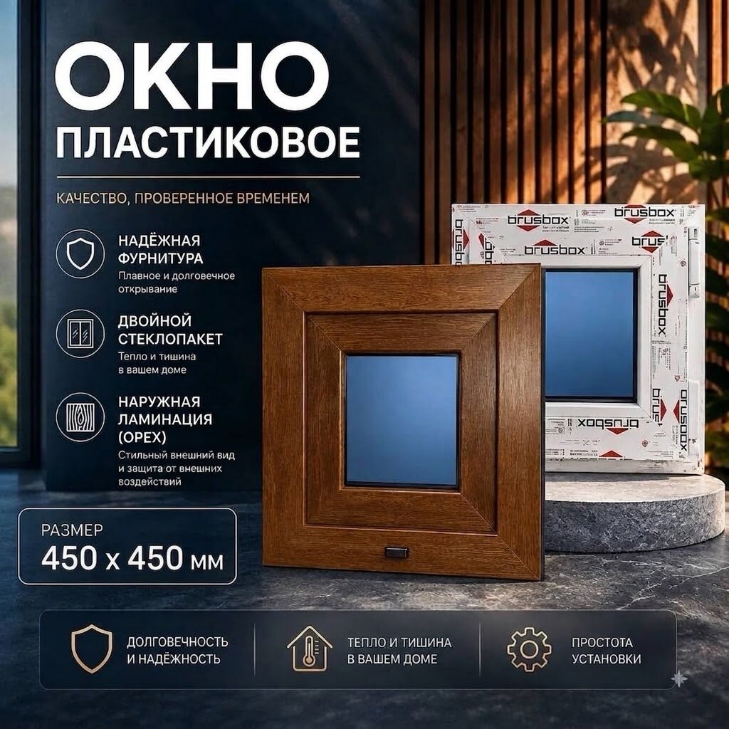 Окно ПВХ 60мм ; с ламинацией; орех; 450х450 мм; обычное стекло/правое/поворотное