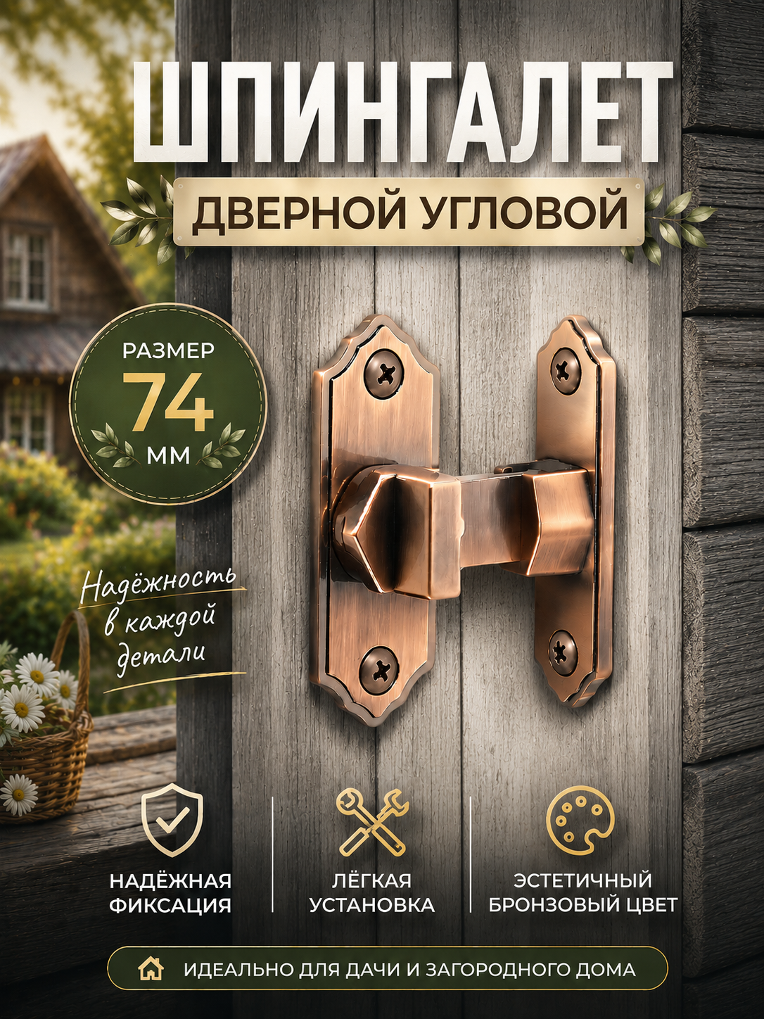 Шпингалет дверной угловой 74мм, бронза