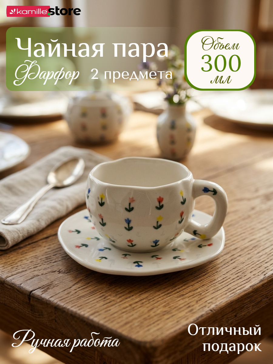 Чайная пара 300 мл. фигурная форма, с разноцветными цветами (белый)