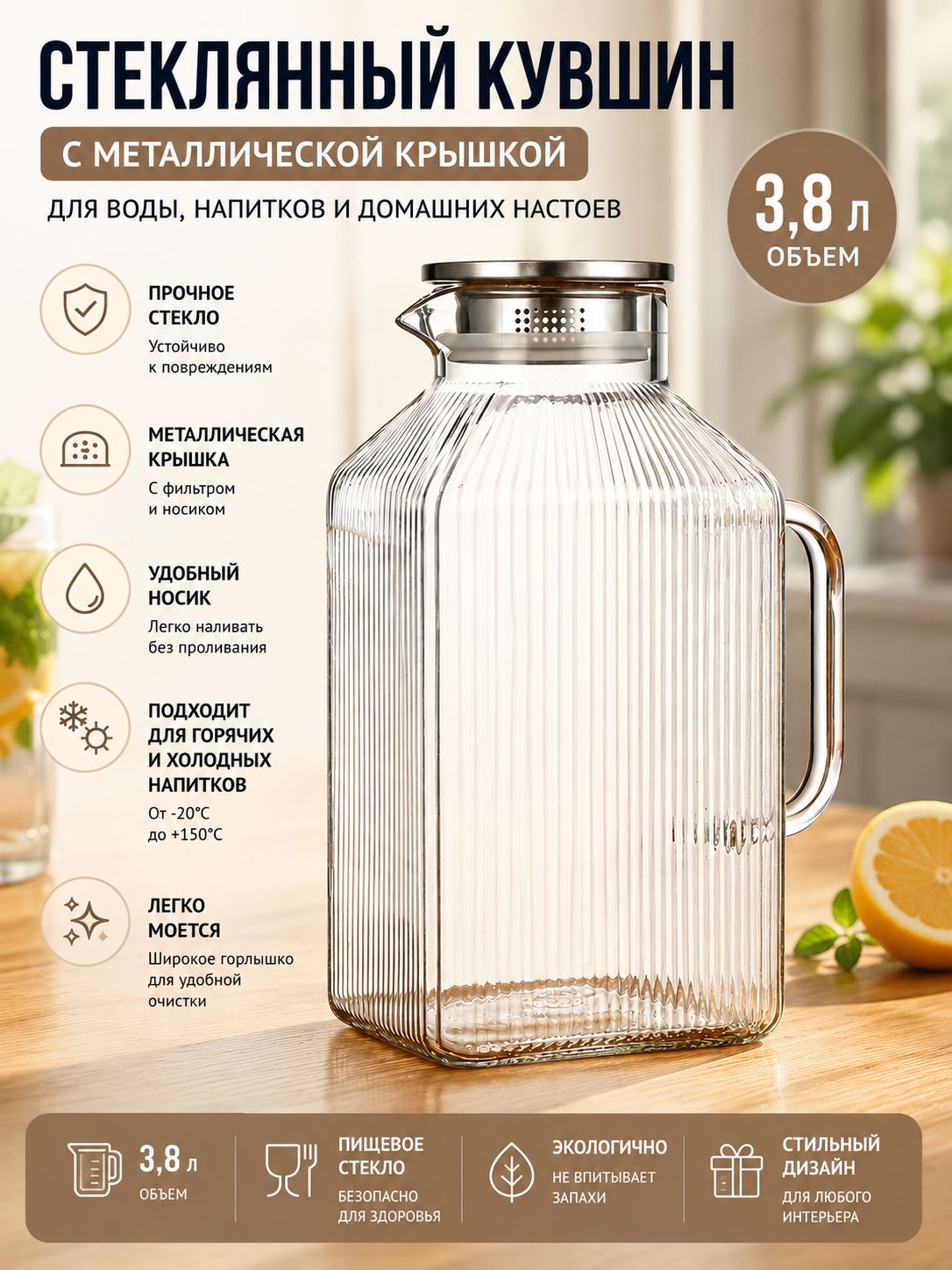 Кувшин 3.8 л 1 шт стекло, стеклянный кувшин объемом 3.8 литра для воды и напитков — фото 1