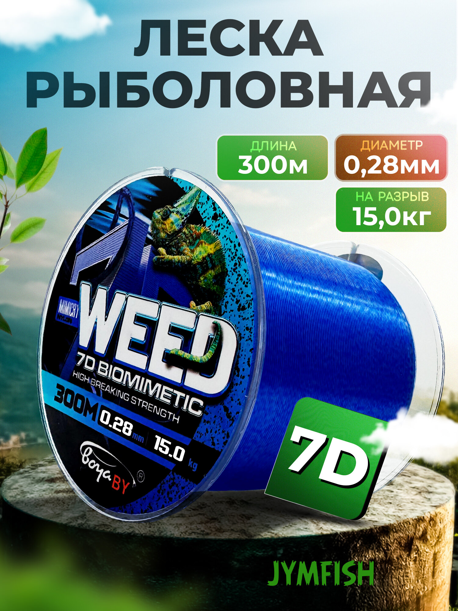 Леска рыболовная монофильная 0.28мм 300м голубая для карася, карпа, леща, поплавочной, фидерной и донной ловли