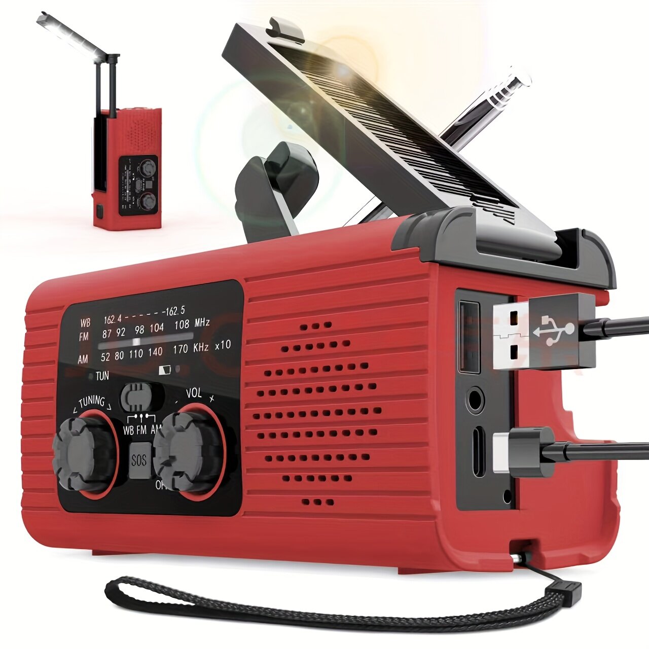 Аварийный радиоприемник AM/FM с зарядкой от USB, солнечной панели и ручного привода, фонариком и сигнализацией SOS, портативный комплект для экстренных ситуаций, 2000 мАч, красный