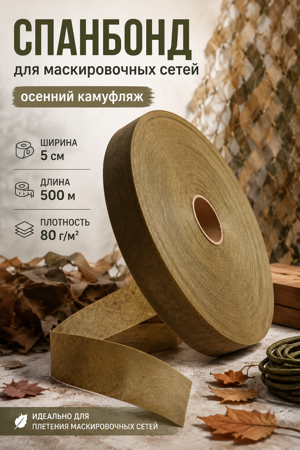 Спанбонд для маскировочных сетей, 5 см × 500 м, цвет «осенний камуфляж»