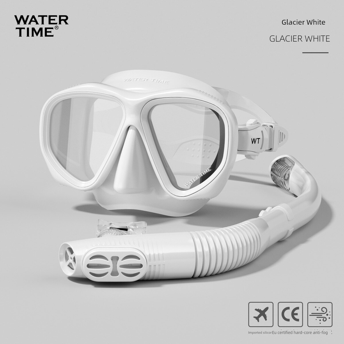 WaterTime Снорклинговая маска с коррекцией зрения, Ледяной белый, Трехсторонний выпускной клапан для дайверов